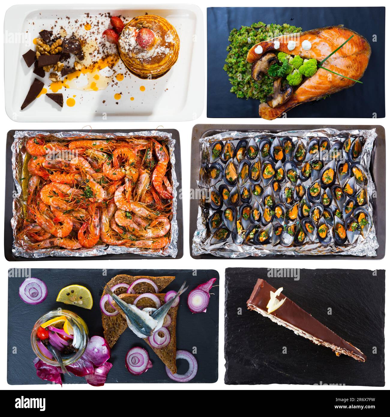 Collage of various breakfast and dinner foods on a white background ...
