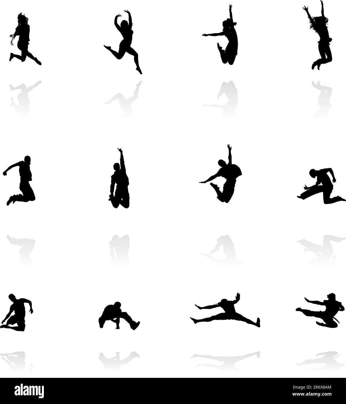 jumping people silhouettes with reflection, vector illustration Stock ...