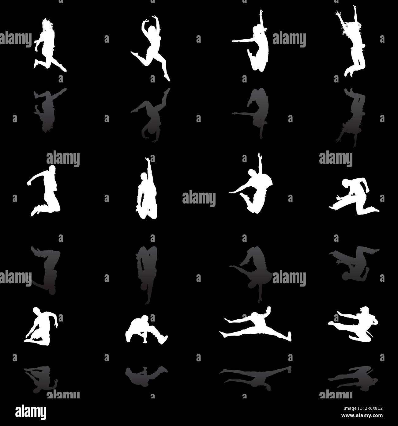 jumping people silhouettes with reflection, vector illustration Stock ...