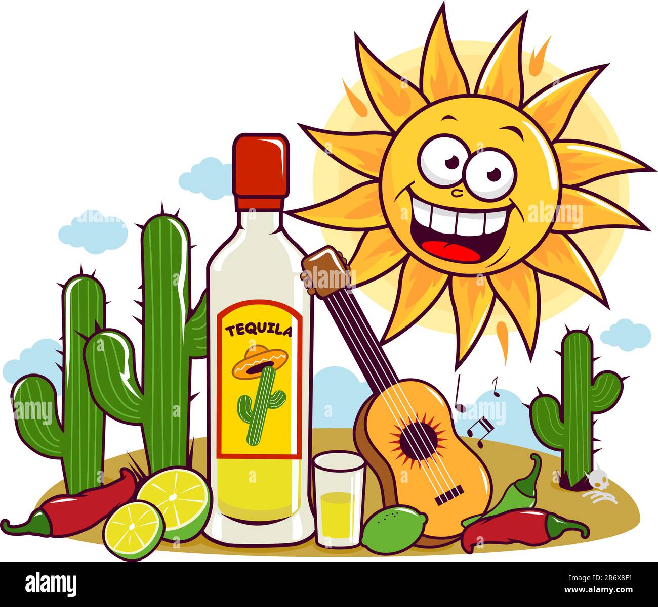 Mexican bottle of tequila in the desert and cartoon sun. Vector ...