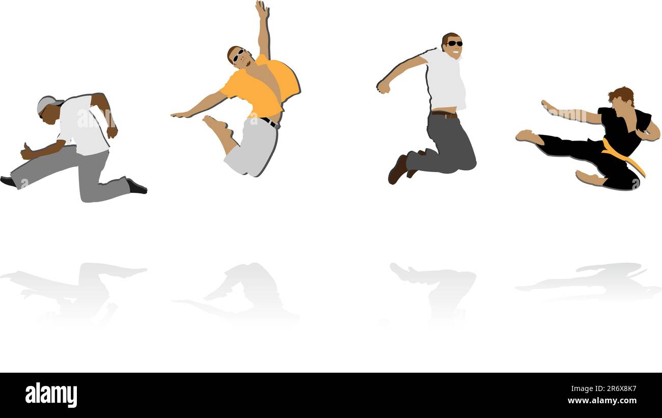 jumping colored man silhouettes with reflection, vector illustration ...