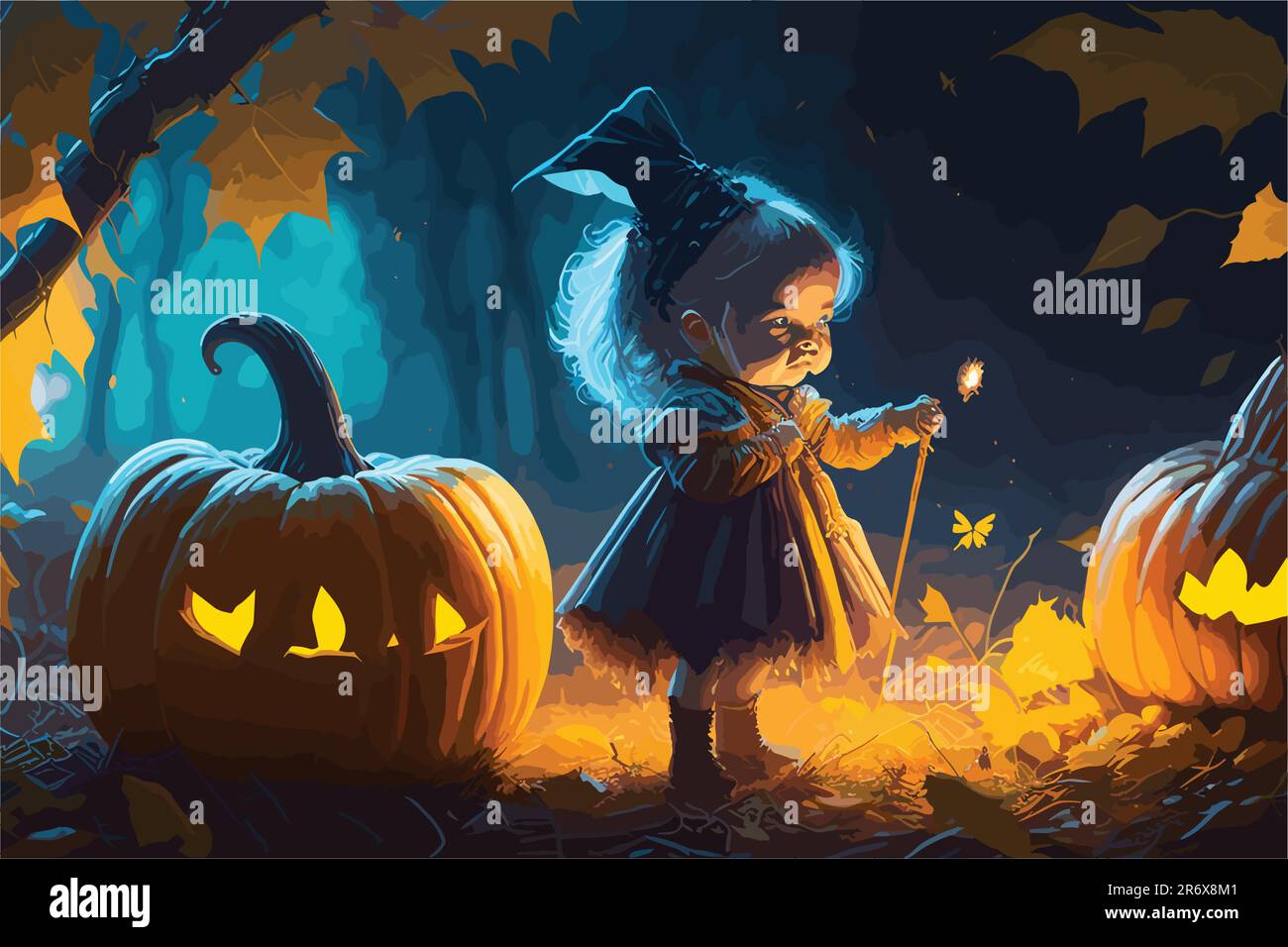 A little girl dressed as a fairy, holding a glowing wand, explores a mystical pumpkin patch ...