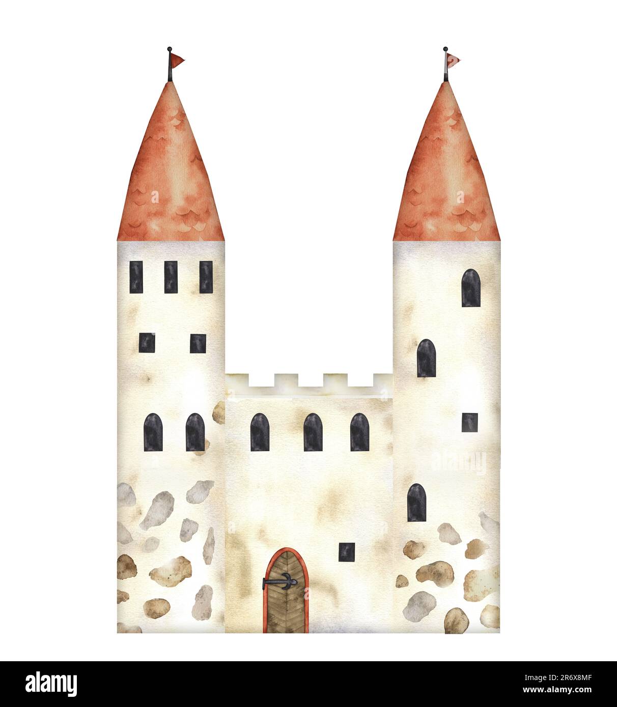 Medieval childish castle watercolor hand drawn illustration. Paint ...
