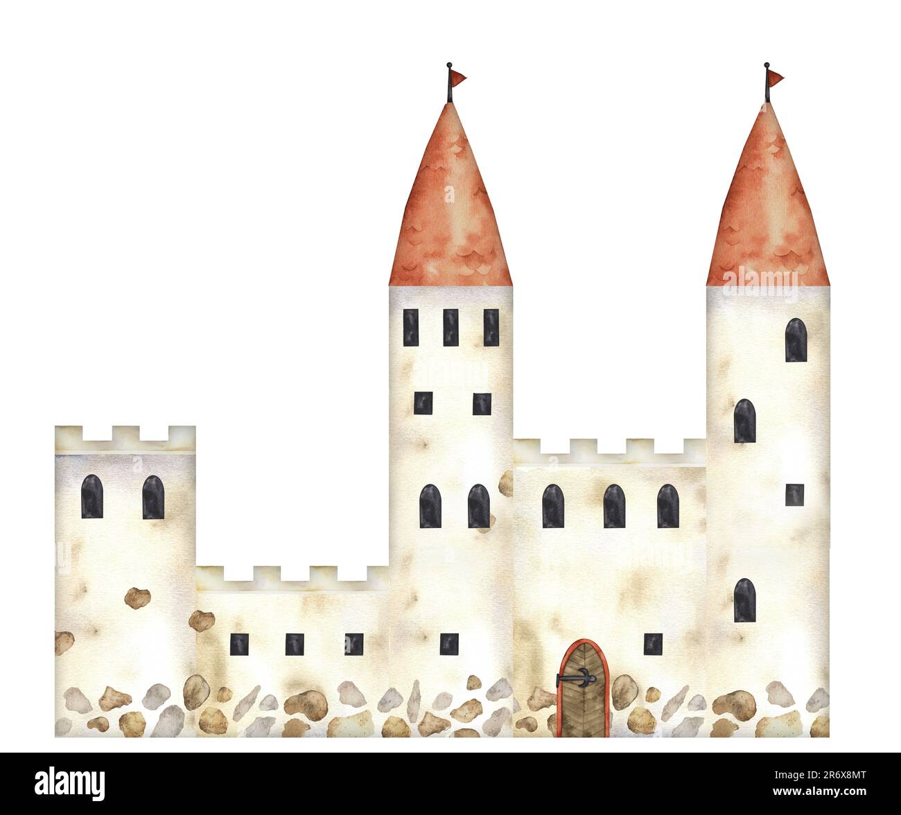 Medieval childish castle watercolor hand drawn illustration. Paint ...