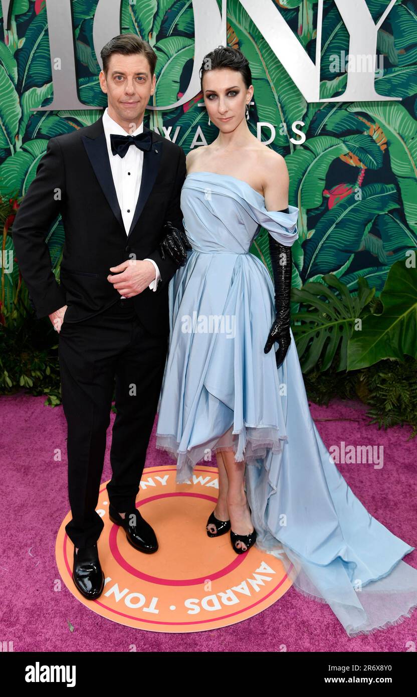 Christian Borle, left, and Skye Maddox arrive at the 76th annual Tony Awards on Sunday, June 11 ...