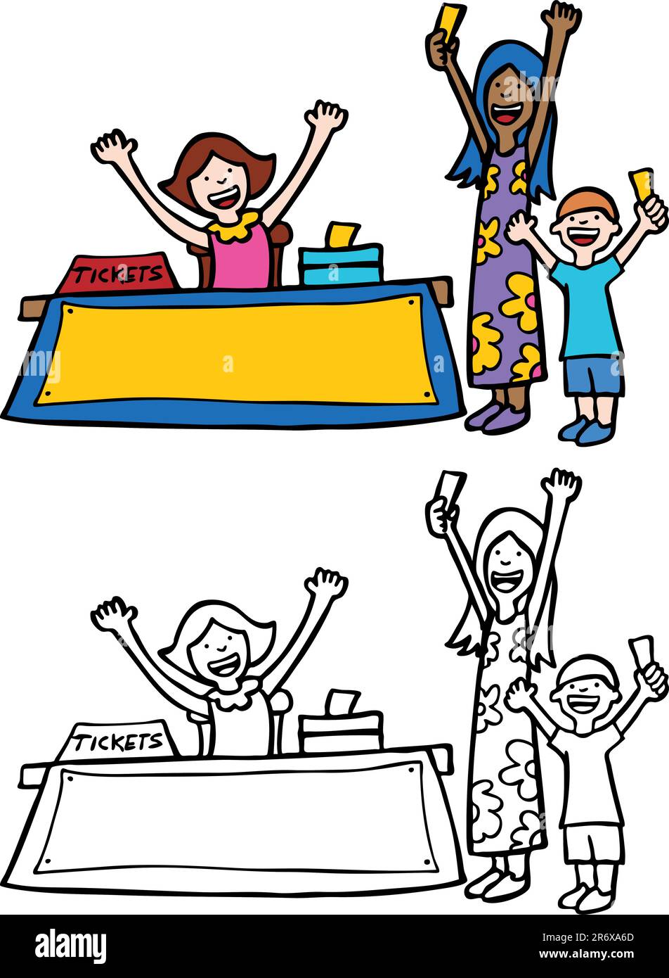 Cartoon image of ticket seller with blank banner - both color and black ...