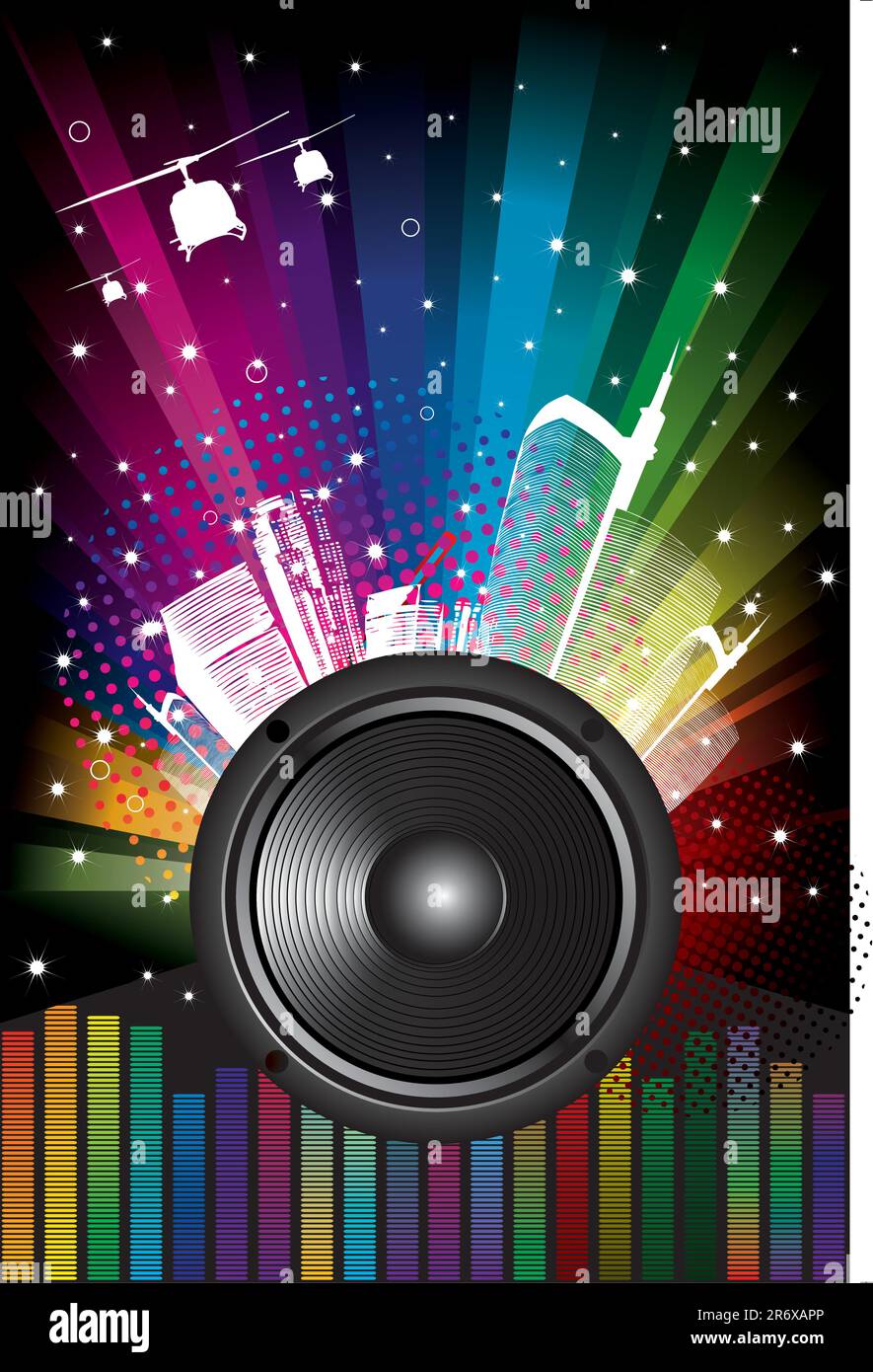 Rainbow Disco Background with city and music equalizer Stock Vector ...