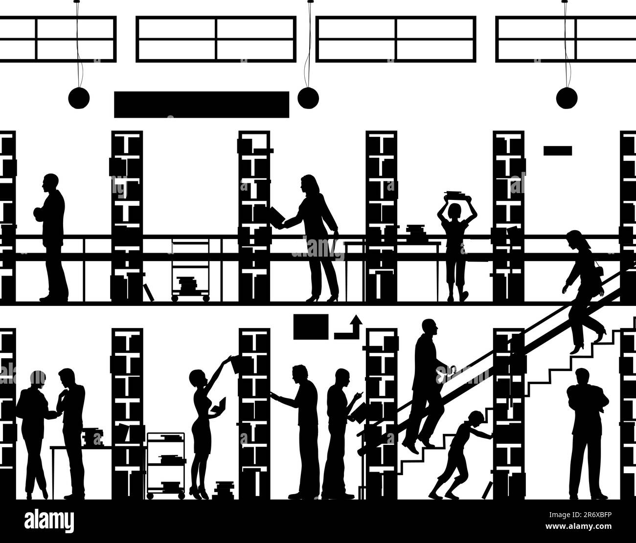 Editable vector silhouette of people in a library with all elements as ...