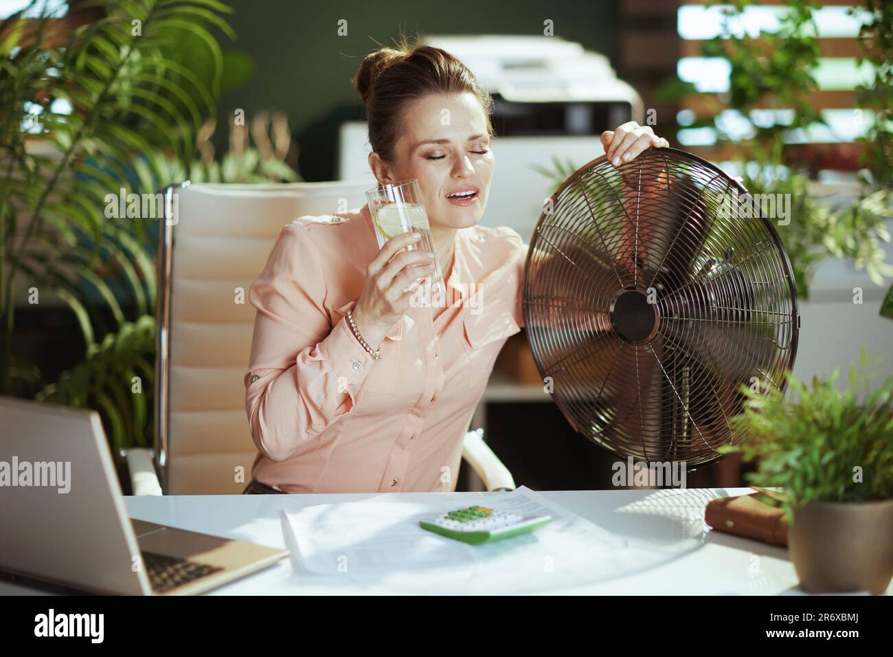 Sustainable workplace. smiling modern female employee in modern green ...