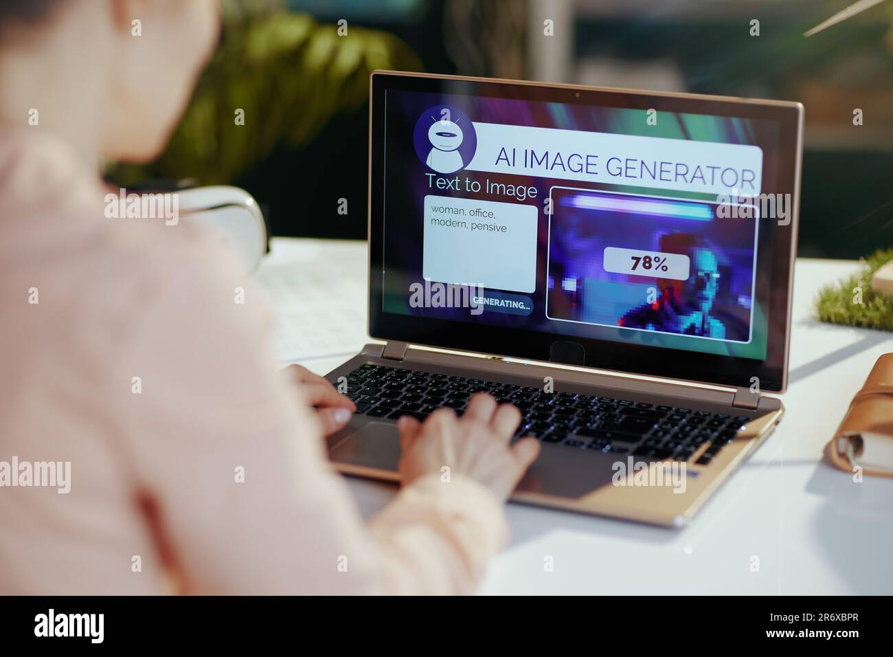 Seen from behind modern woman with laptop using text to image ai image ...