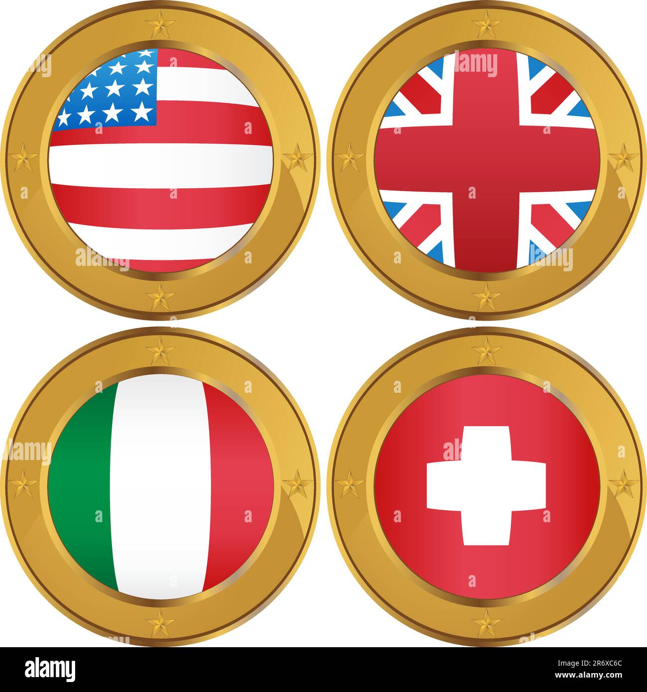 Set of 4 flags in coin style representing 4 different countries Stock ...