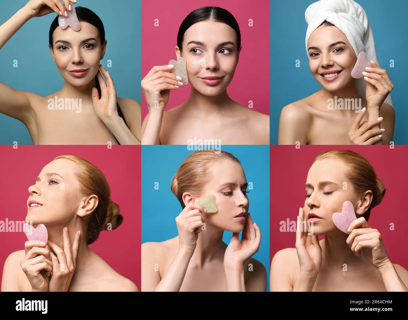 Collage with portraits of beautiful women doing facial massage with gua ...