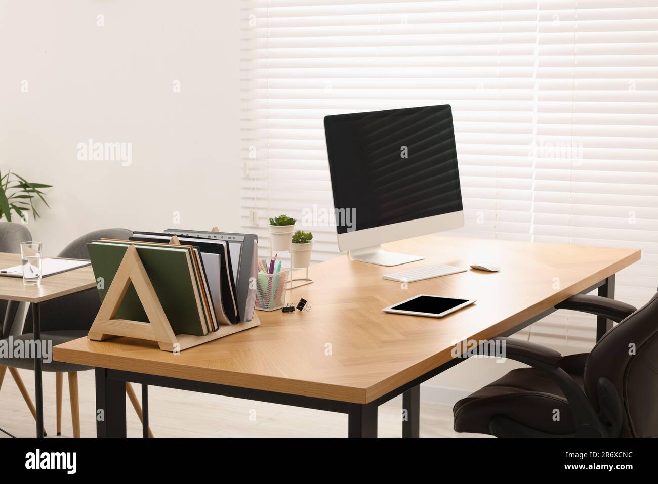 Stylish workplace with computer n modern office. Interior design Stock ...