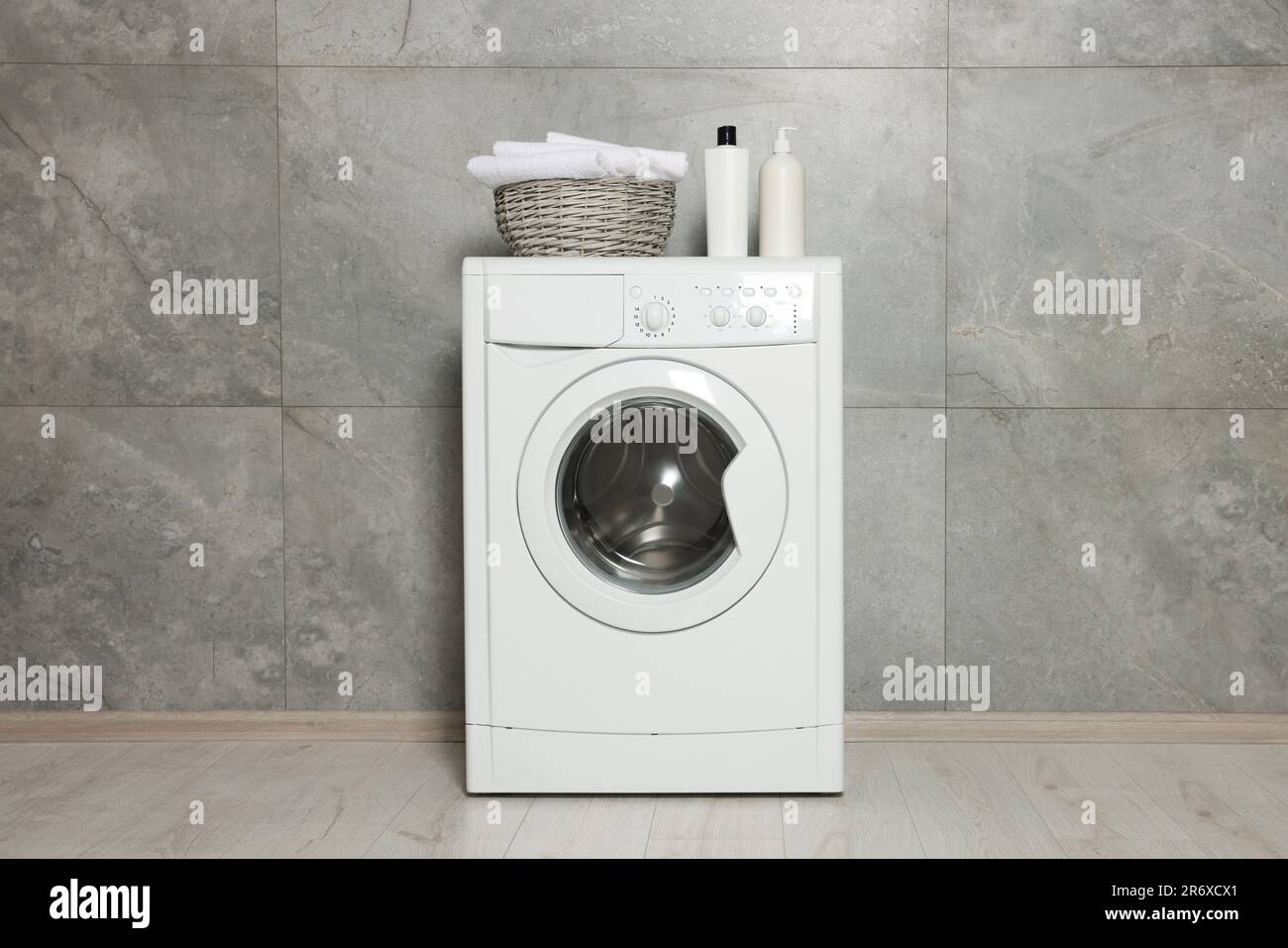 Empty laundry room with modern washing machine. Interior design Stock ...
