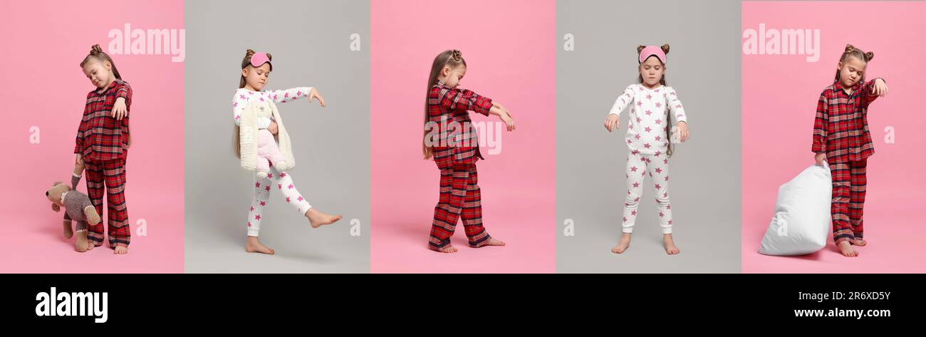 Collage with photos of girl sleepwalking on different color backgrounds ...