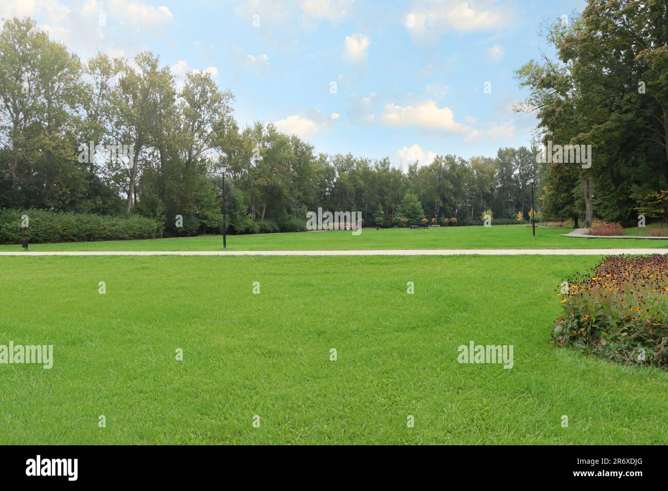 Beautiful public city park with pathway and green grass Stock Photo - Alamy