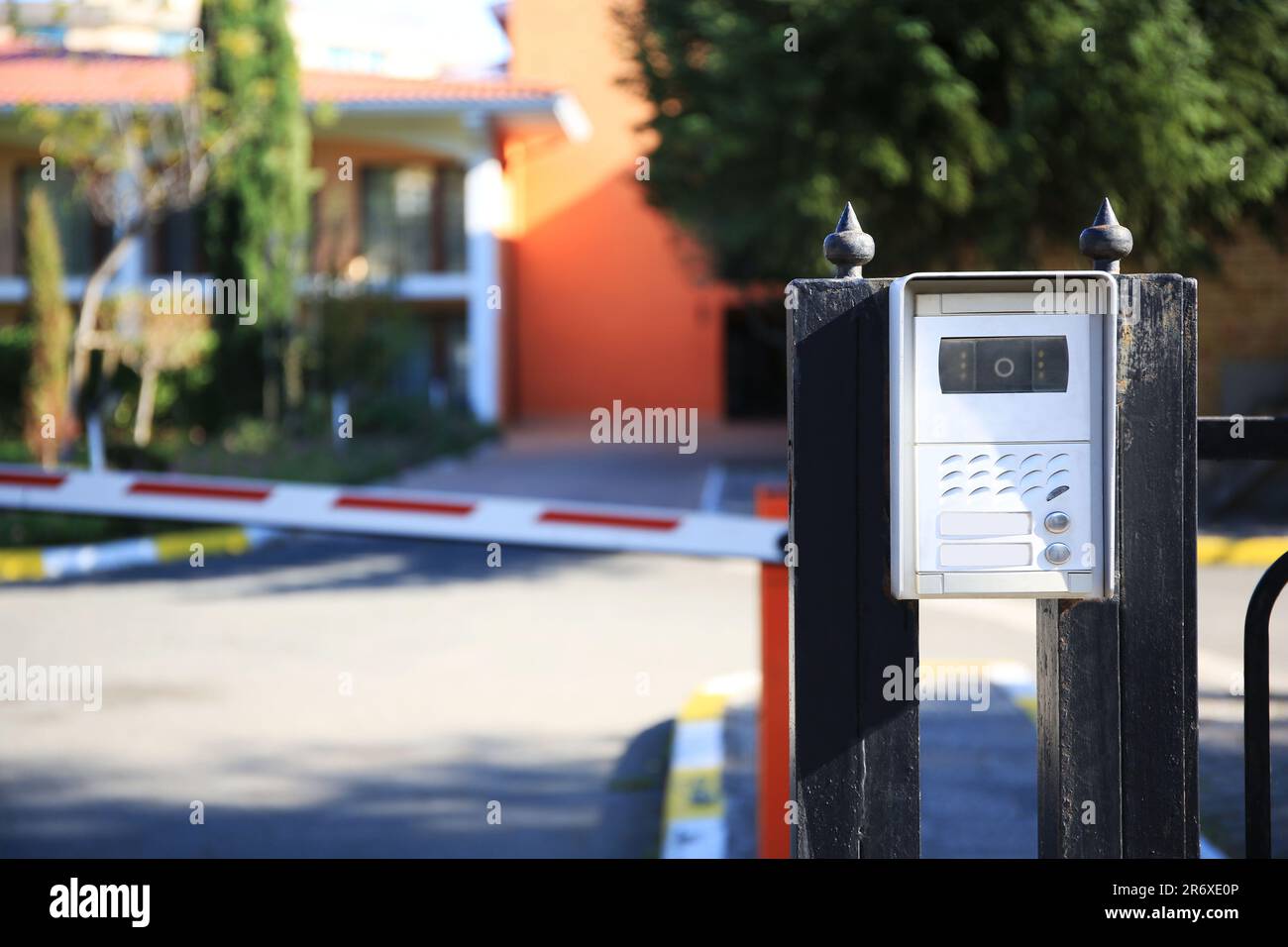 Entry intercom with buttons and speakers for rising barrier outdoors ...