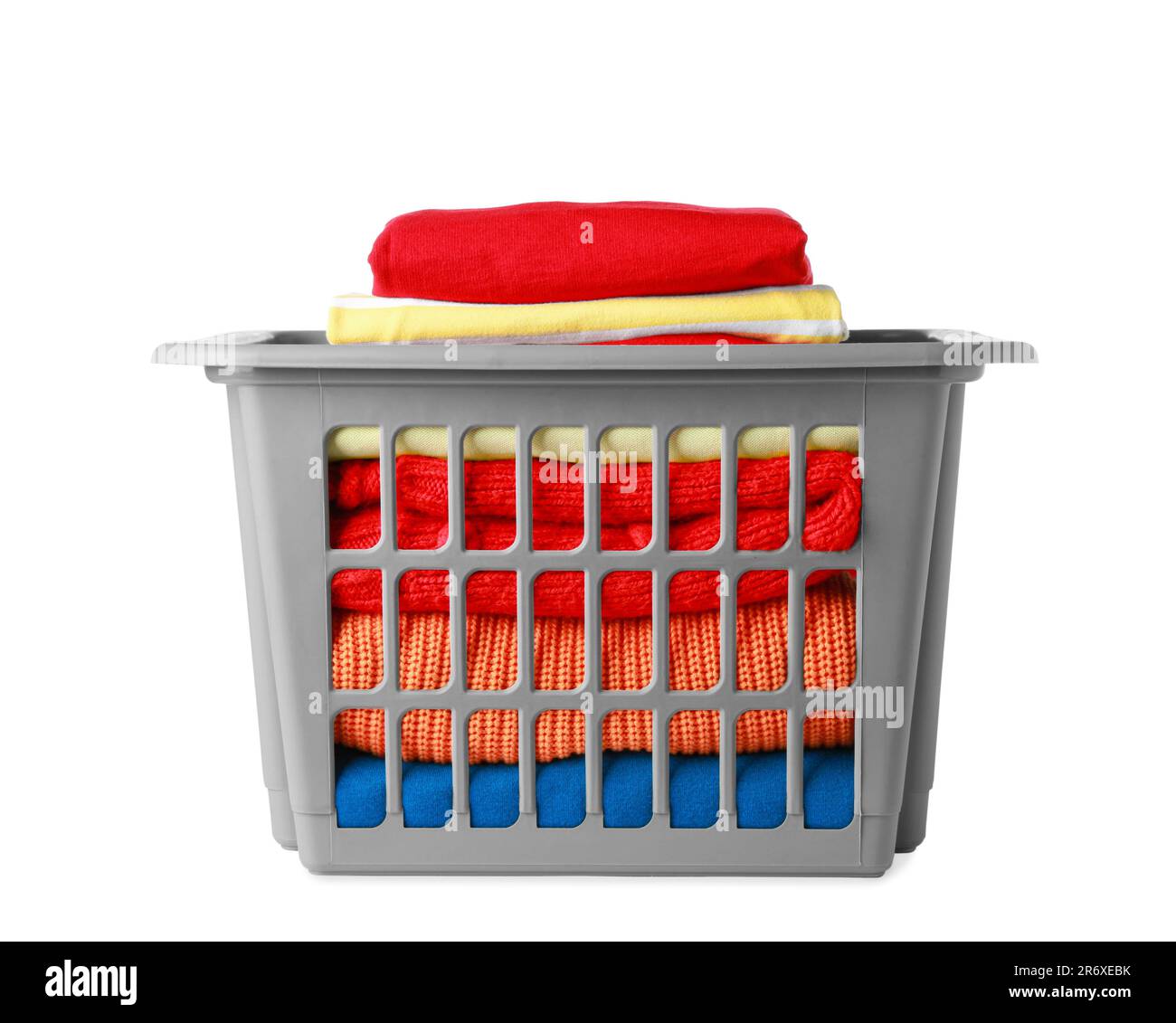 Plastic laundry basket with clean clothes isolated on white Stock Photo ...