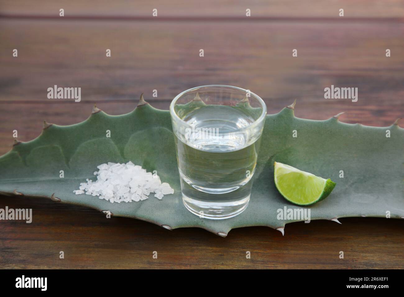 Mexican tequila shot, salt, lime slice and green leaf on wooden table ...