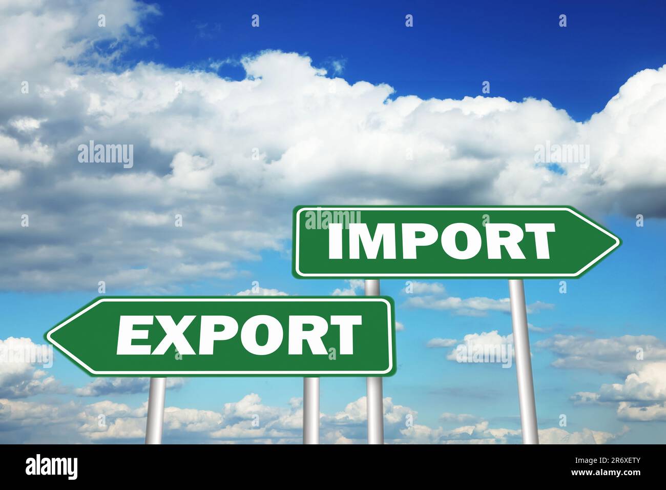 Road sign with Import and Export words on arrows pointing in opposite ...