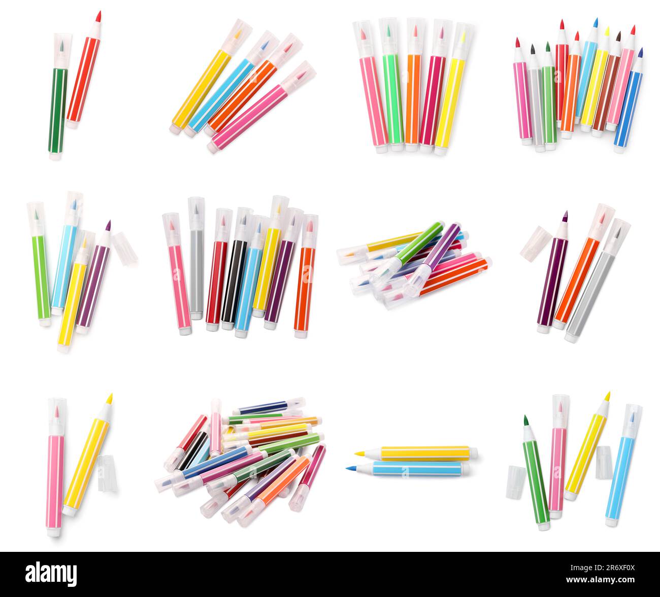 Collage with many colorful felt tip pens on white background Stock ...