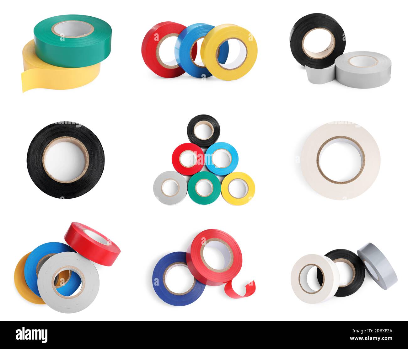Collage with many colorful insulating tapes on white background Stock ...