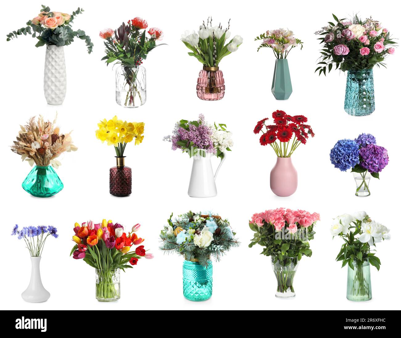 Collage with many beautiful bouquets and flowers in different vases on ...