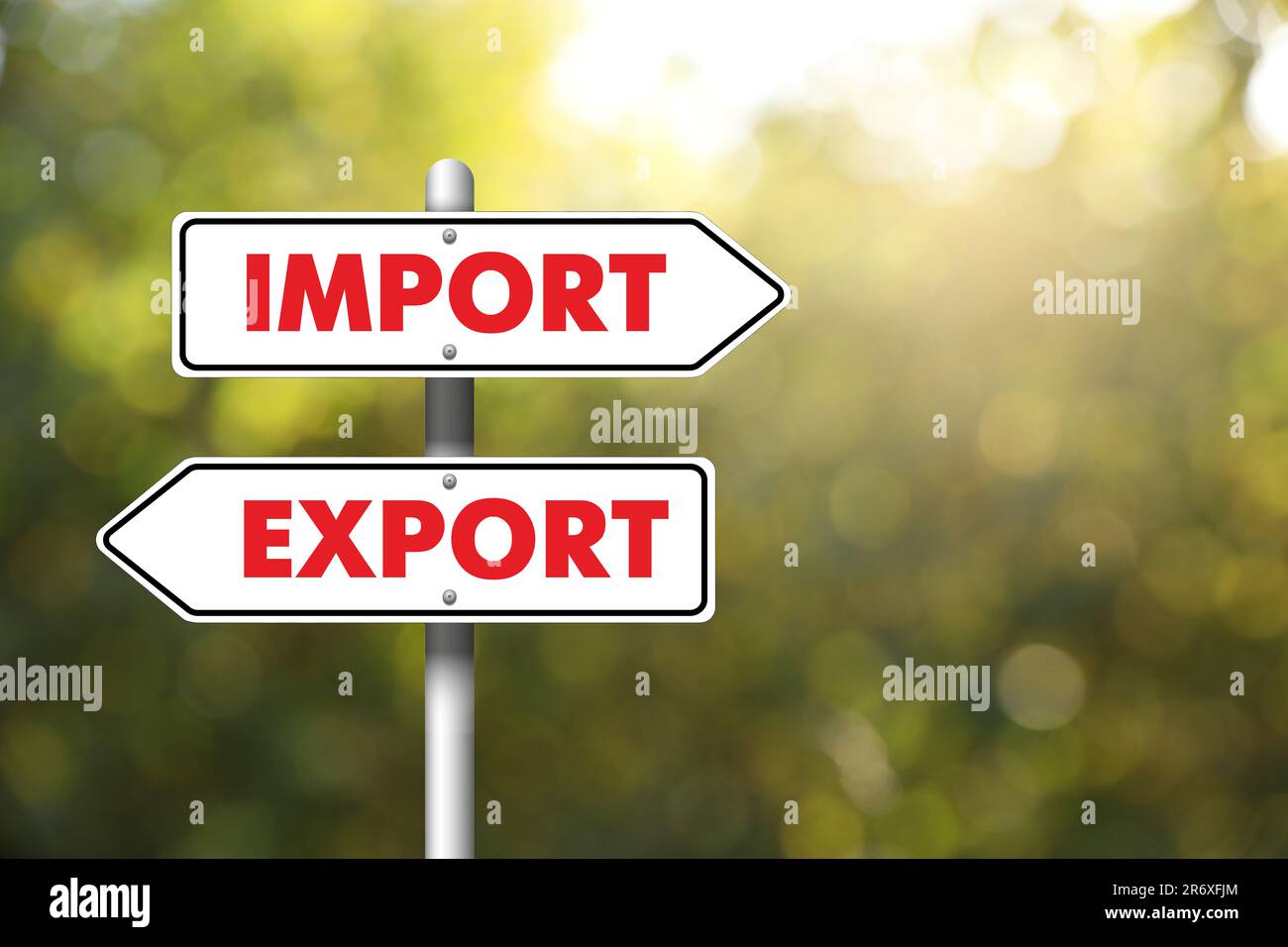 Road sign with Import and Export words on arrows pointing in opposite ...