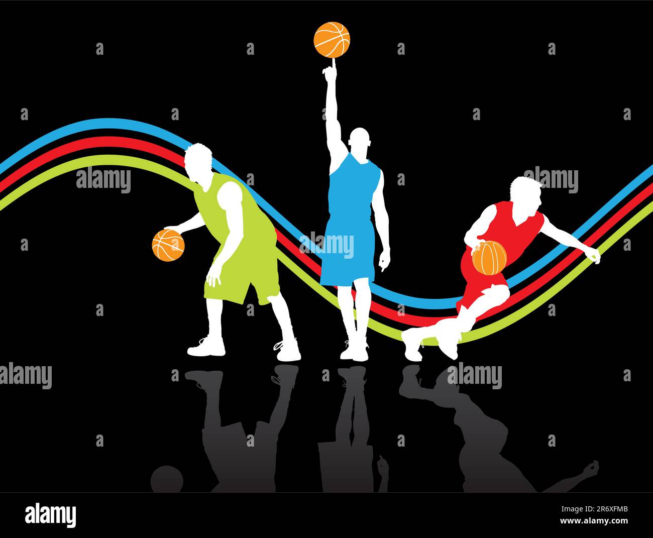 three basketball players with reflection on the floor, vector ...