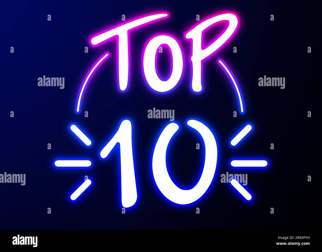 Top ten list. Glowing neon sign with word and number 10 on dark ...
