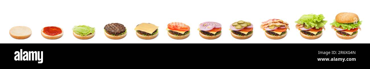 Step by step burger making on white background. Collage design Stock ...