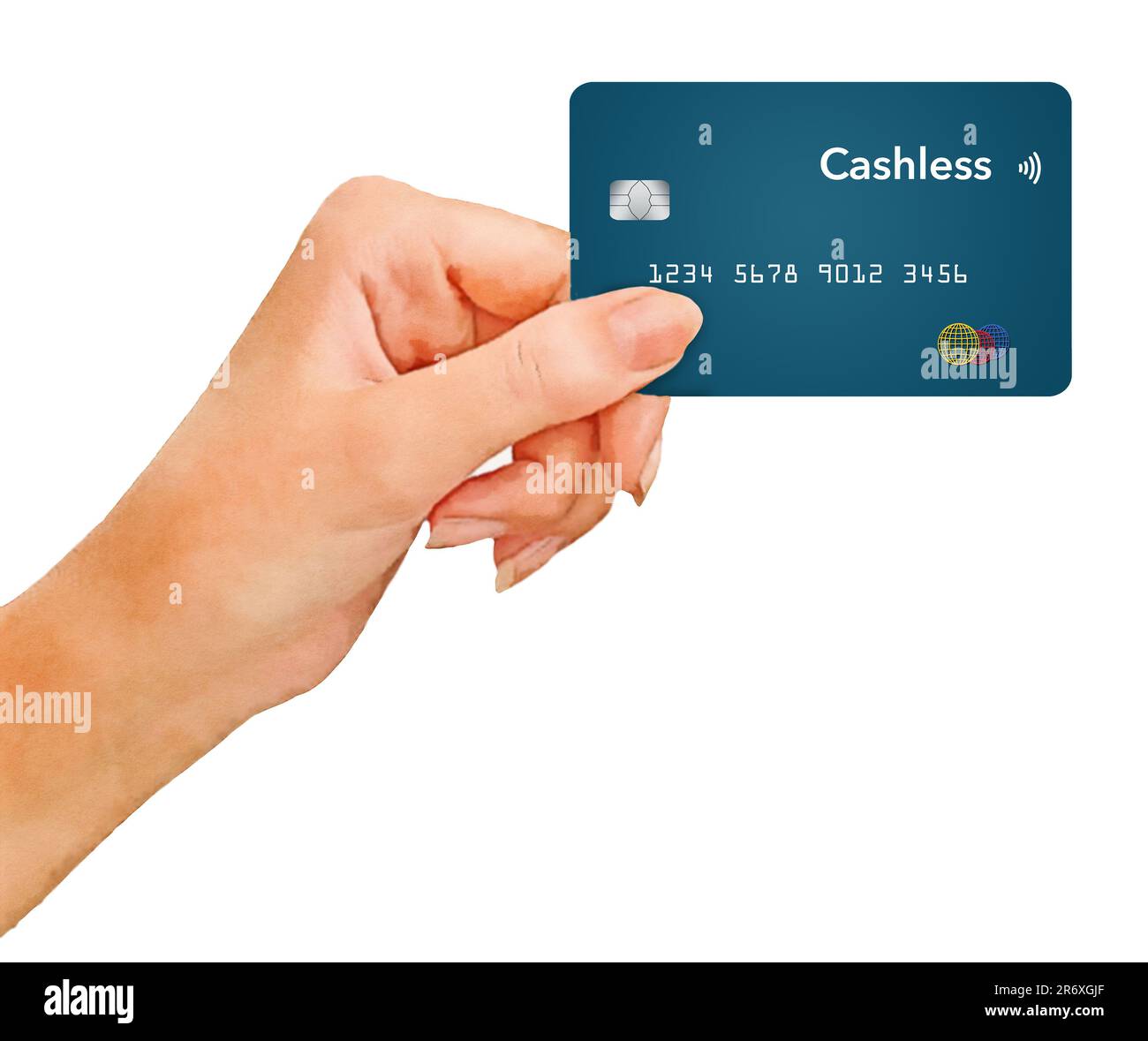 A hand holds a credit card that is labeled cashless in a 3-d ...