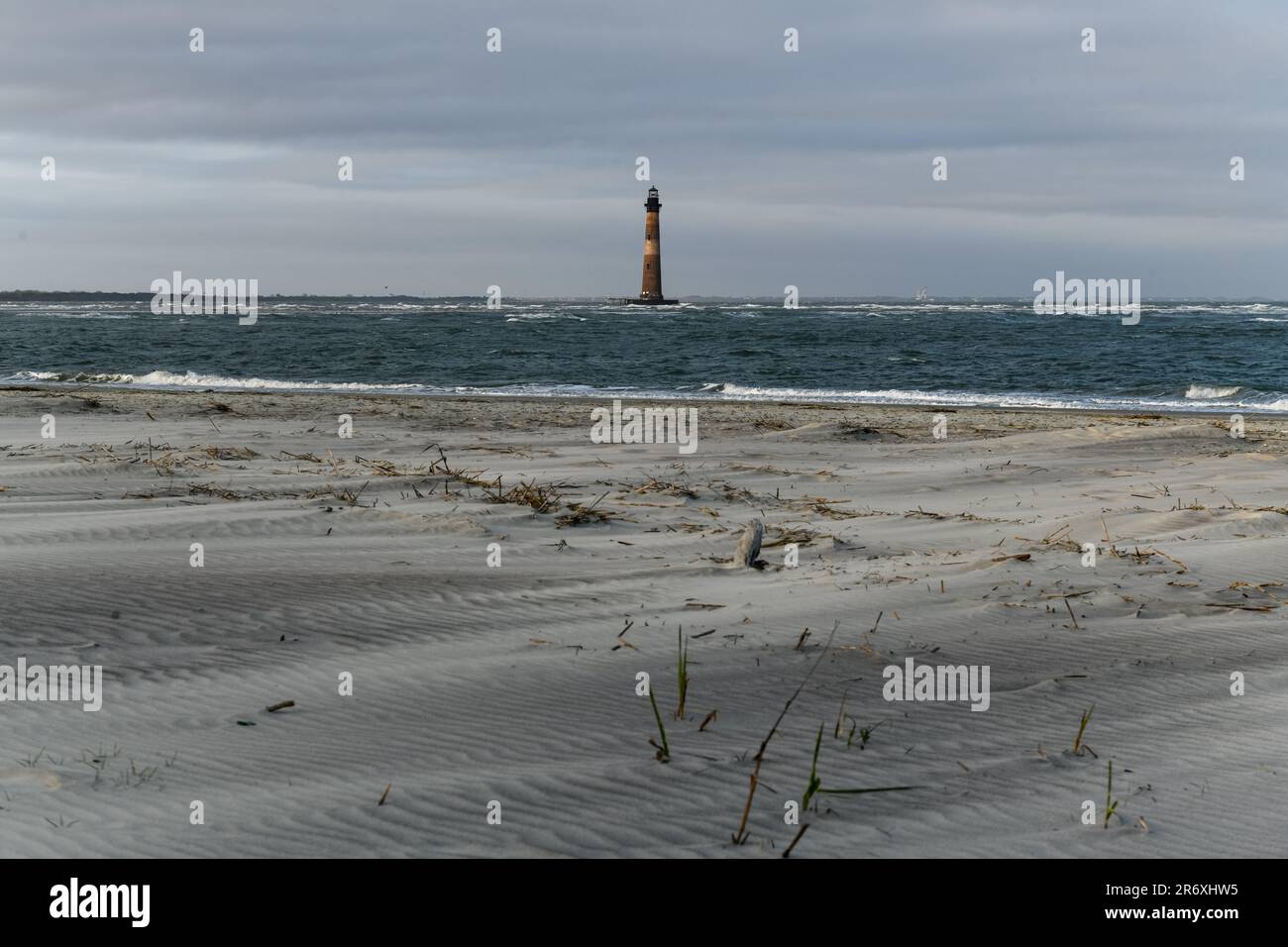 Sand and sea grasses on Folly Beach near Morris Island Lighthouse in ...