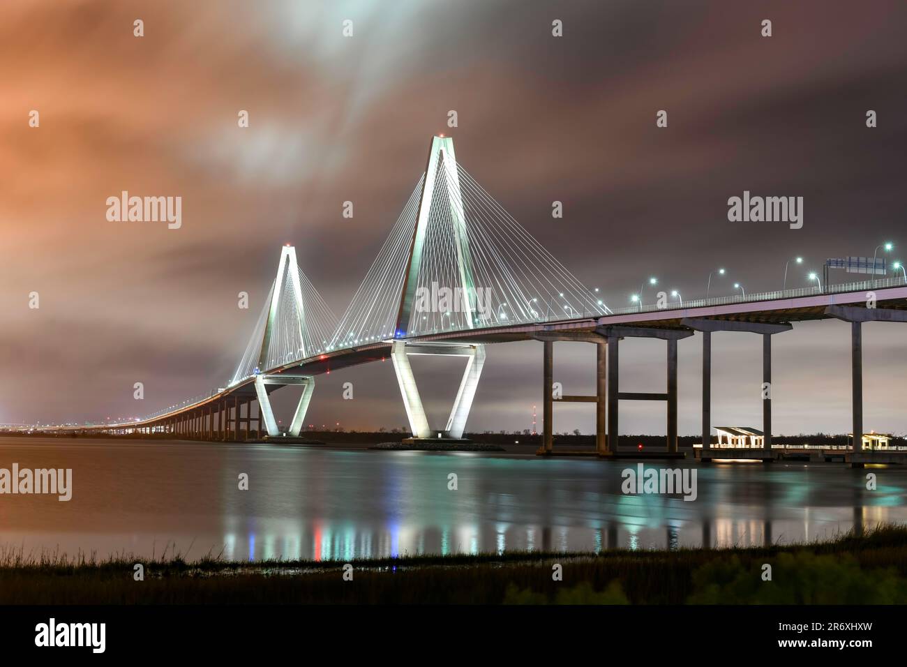 The Arthur Ravenel Jr. Bridge lit up at night in Charleston, South ...