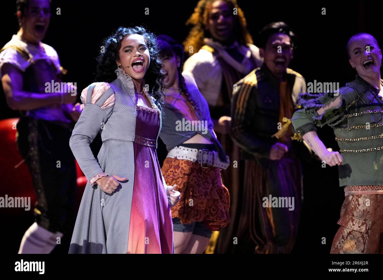 Lorna Courtney, center, and the cast of "& Juliet" performs at the 76th ...