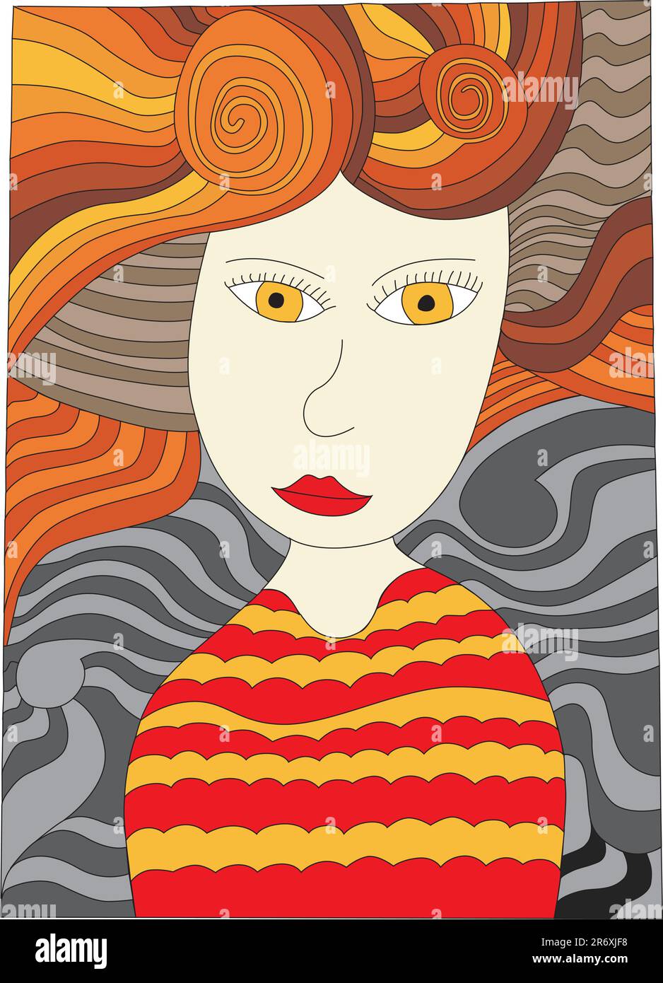 Cartoon Girl with swirl hair on wave background for your design Stock ...