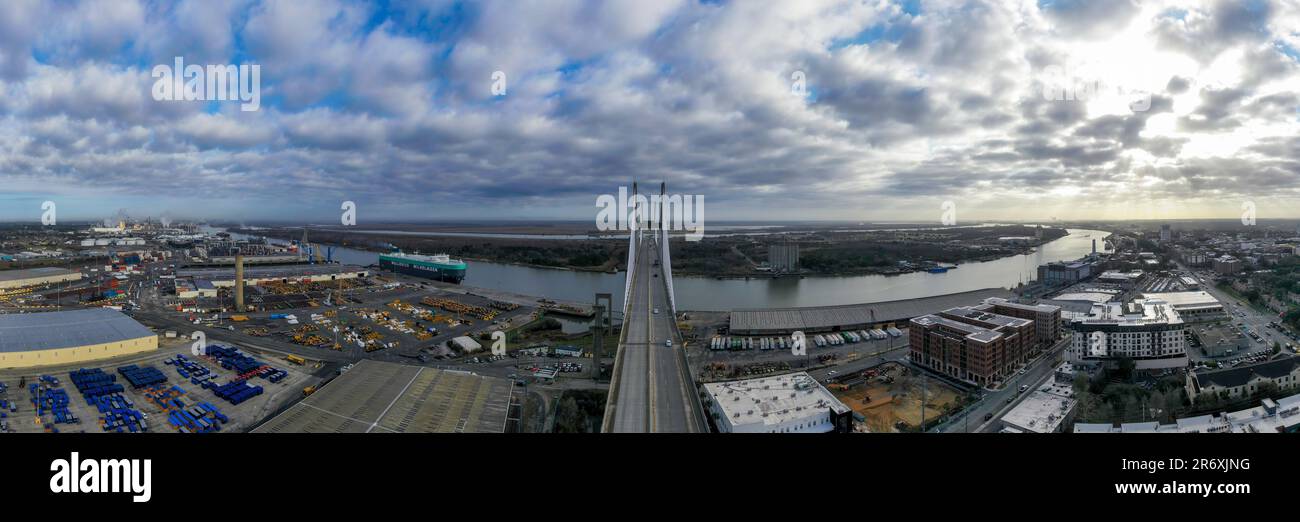 Aerial view of Talmadge Memorial Bridge on a sunny day. The Talmadge ...