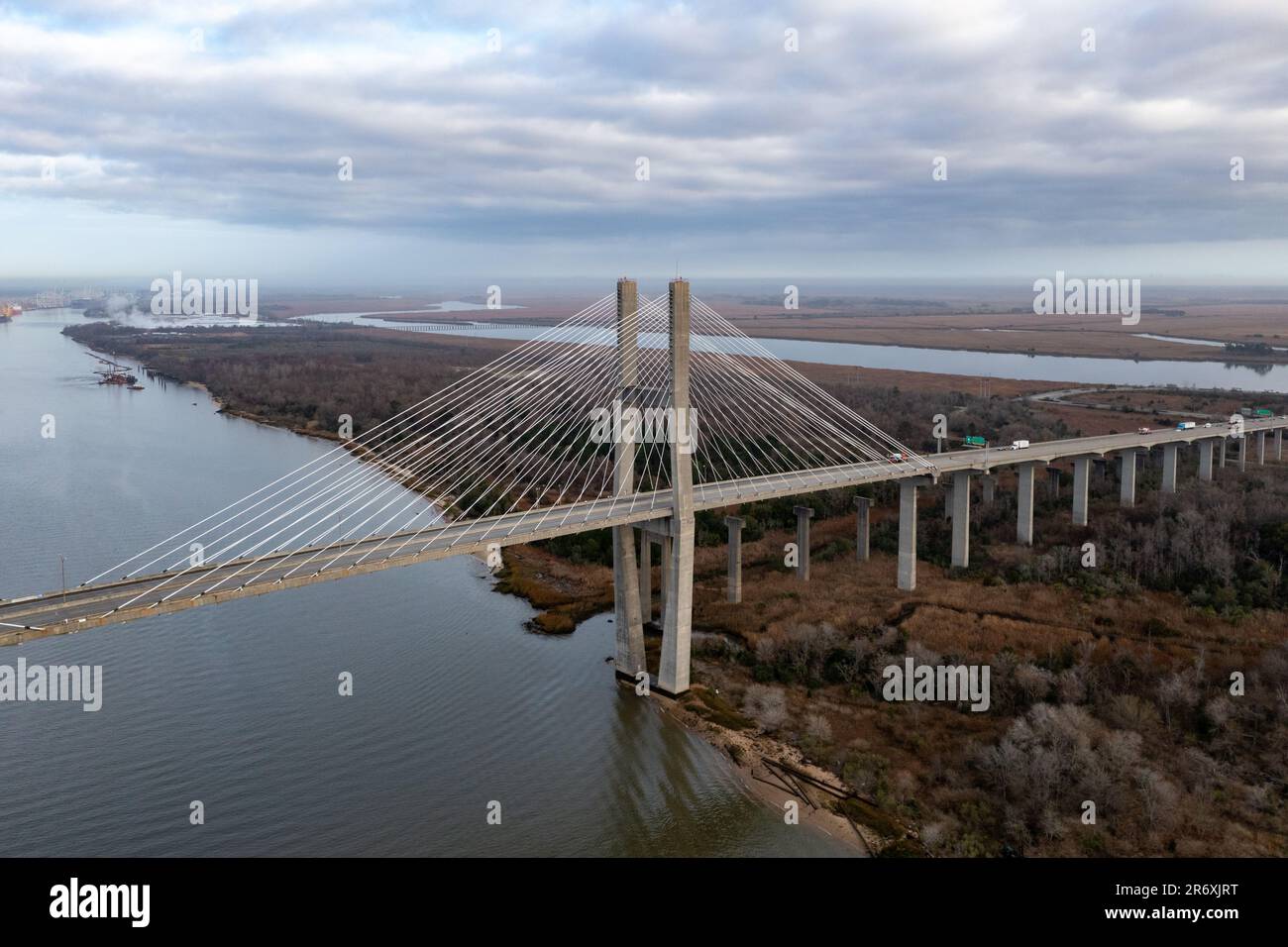 Aerial view of Talmadge Memorial Bridge on a sunny day. The Talmadge ...