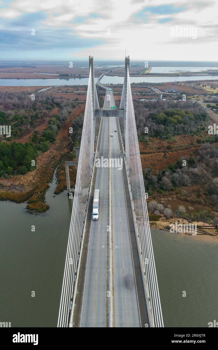 Aerial view of Talmadge Memorial Bridge on a sunny day. The Talmadge ...