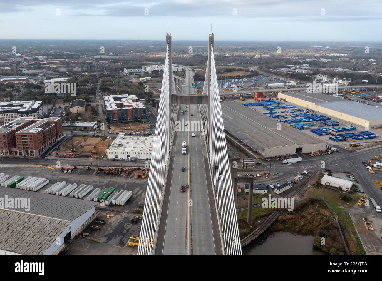 Aerial view of Talmadge Memorial Bridge on a sunny day. The Talmadge ...