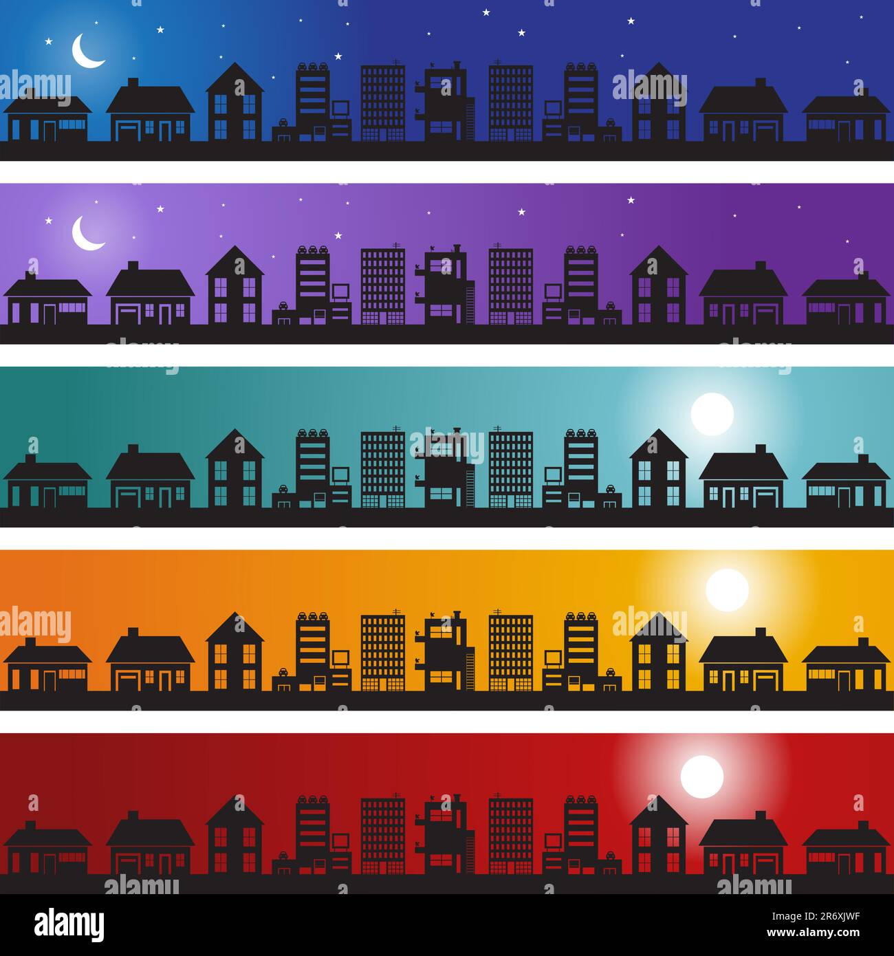 Set of city themed banners in blue, purple, teal, orange and red with ...