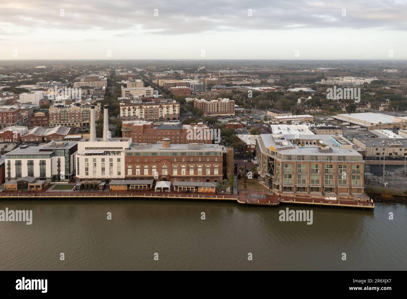 Aerial view of the Savannah city skyline on a sunny day. View along the ...
