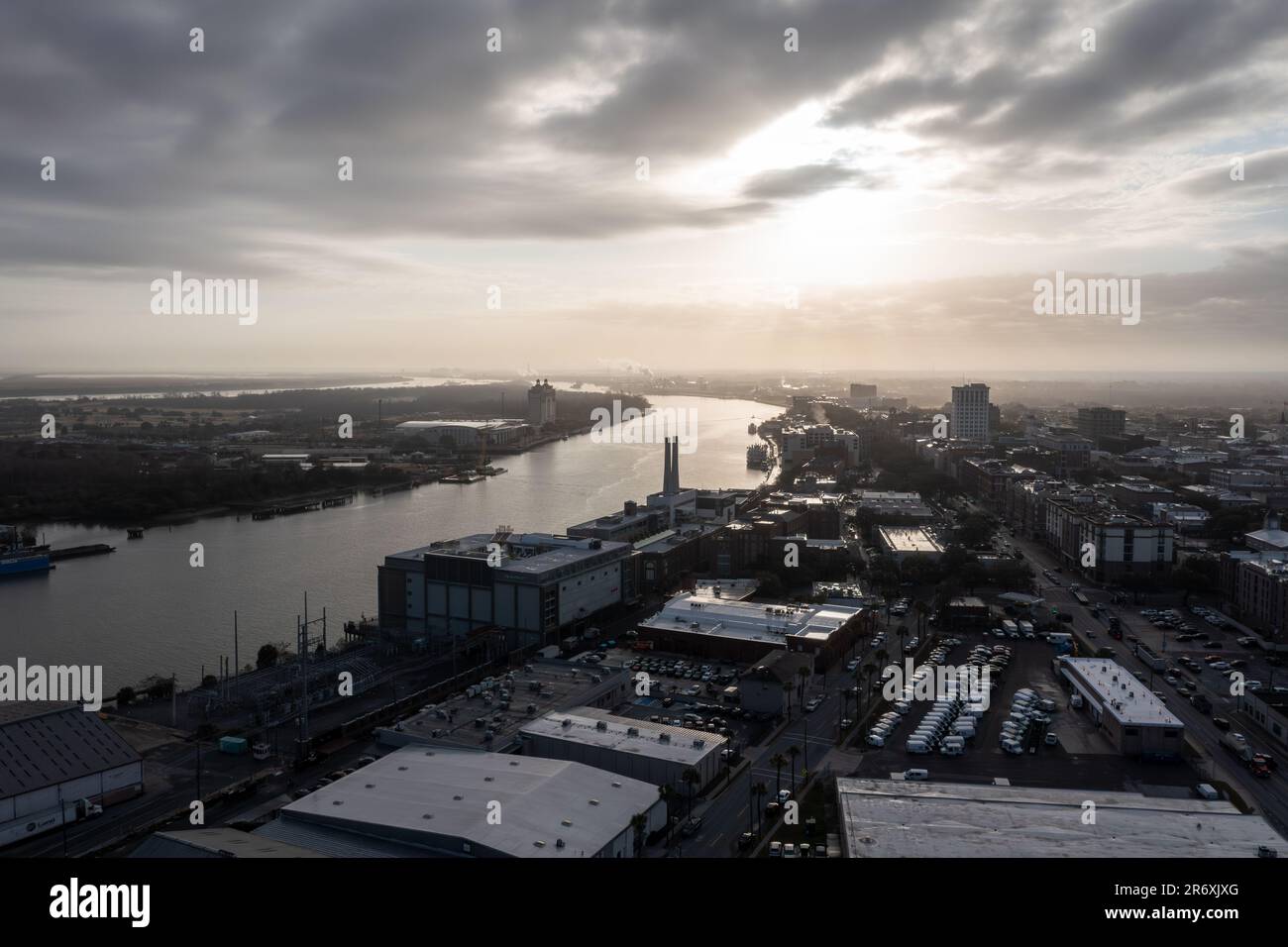 Aerial view of the Savannah city skyline on a sunny day. View along the ...