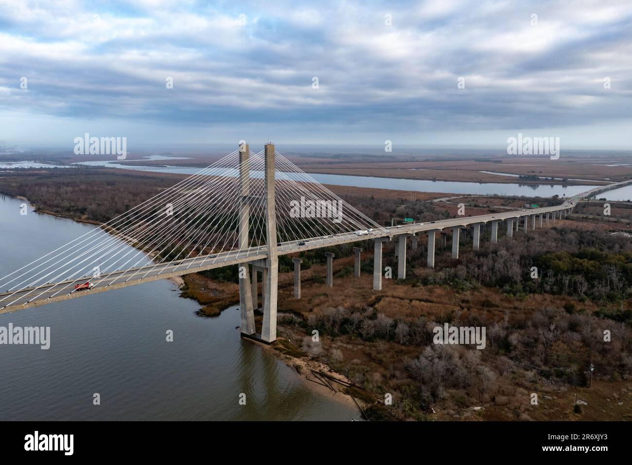 Aerial view of Talmadge Memorial Bridge on a sunny day. The Talmadge ...