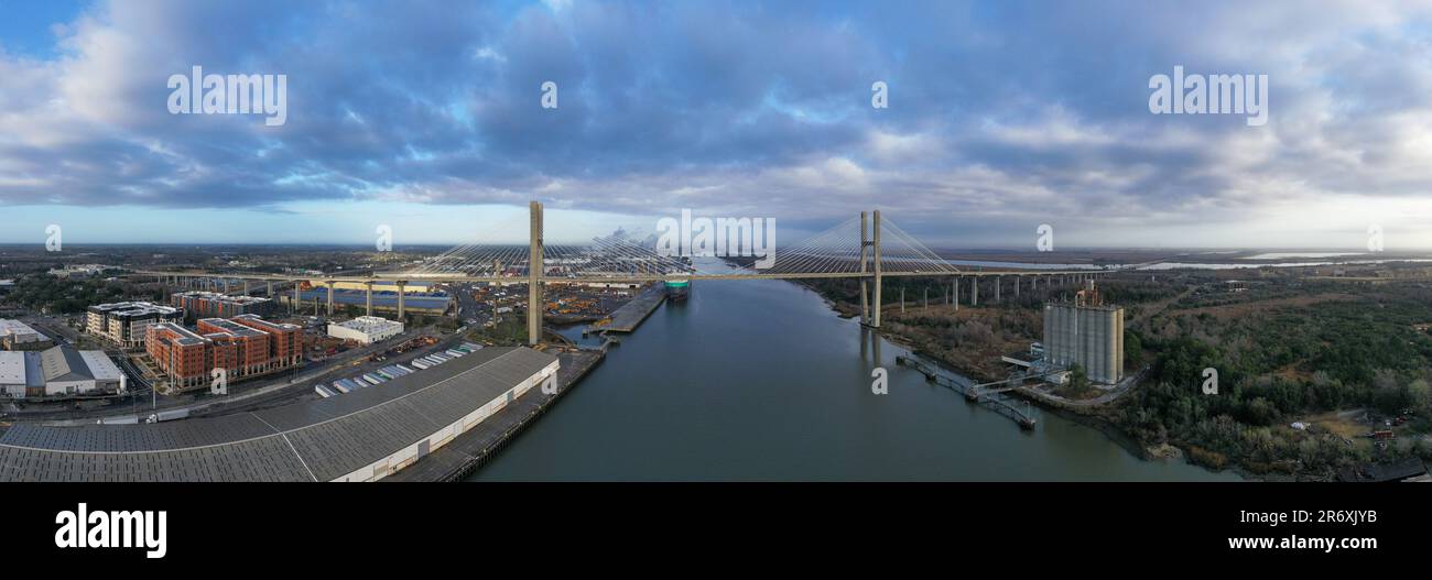 Aerial view of Talmadge Memorial Bridge on a sunny day. The Talmadge ...