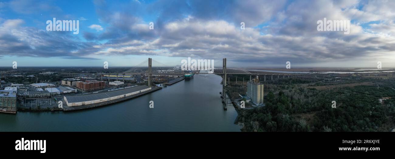 Aerial view of Talmadge Memorial Bridge on a sunny day. The Talmadge ...