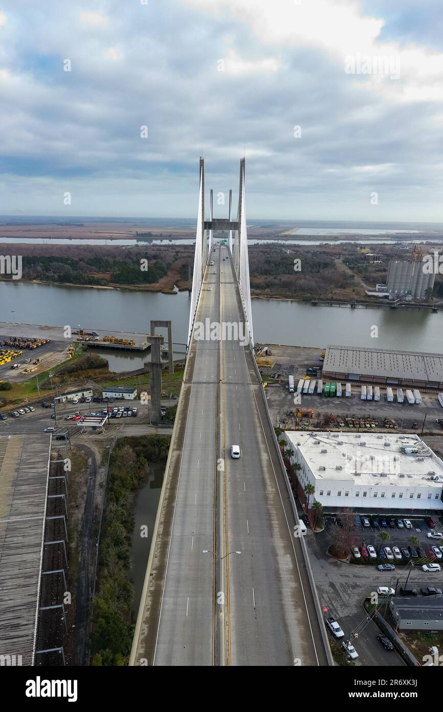 Aerial view of Talmadge Memorial Bridge on a sunny day. The Talmadge ...