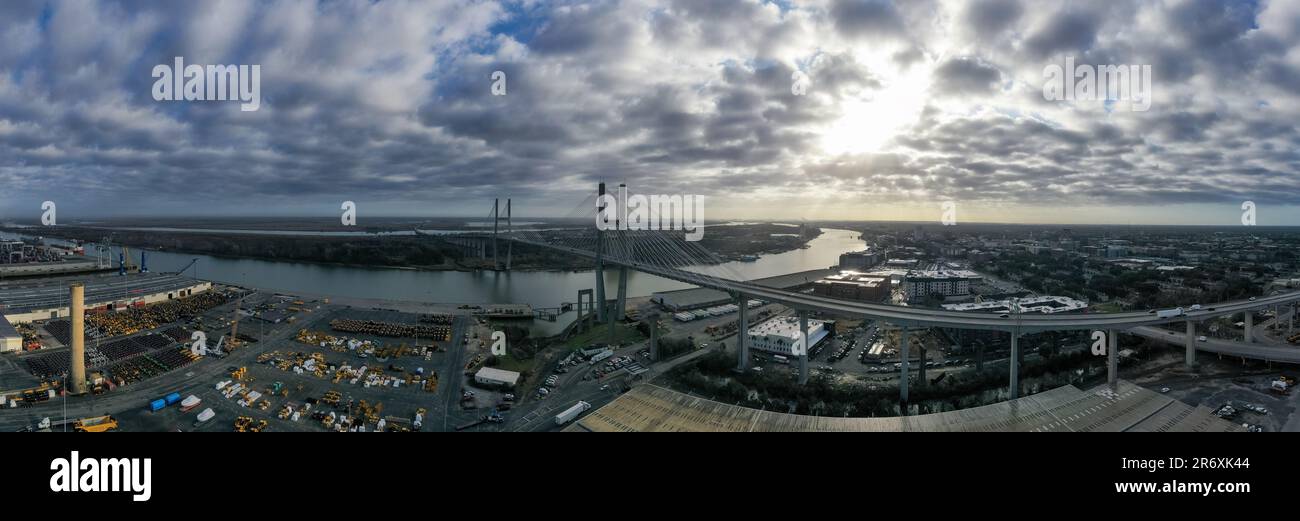 Aerial view of Talmadge Memorial Bridge on a sunny day. The Talmadge ...