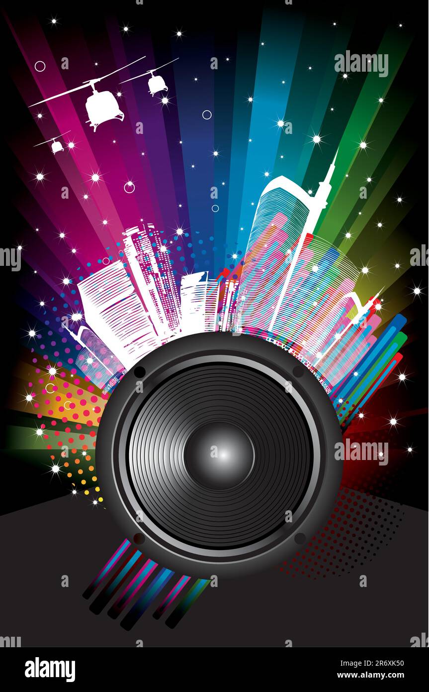Rainbow Disco Background with city, speaker and stars Stock Vector ...
