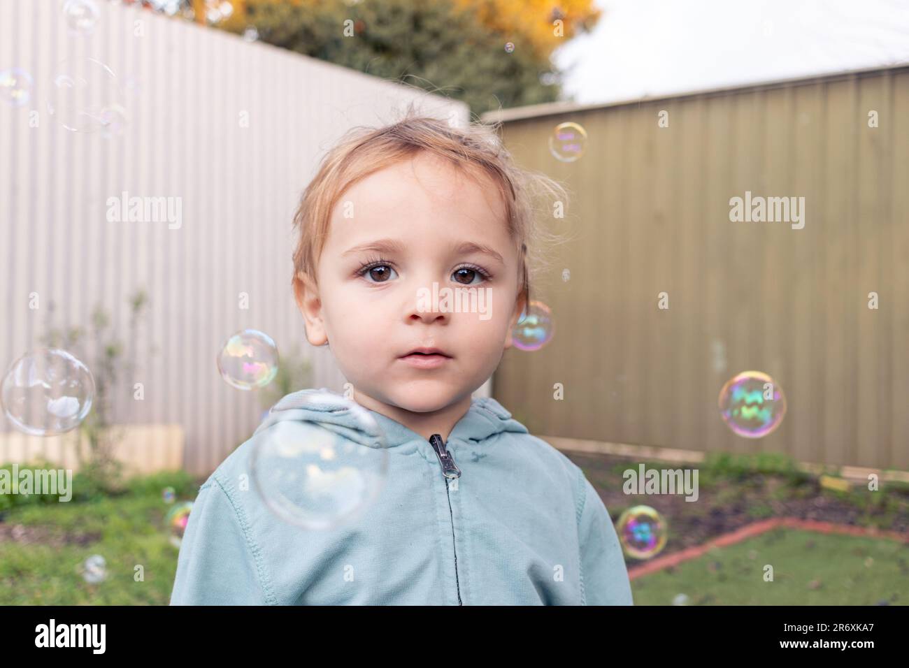 Male toddler playing with bubbles in the backyard Stock Photo - Alamy